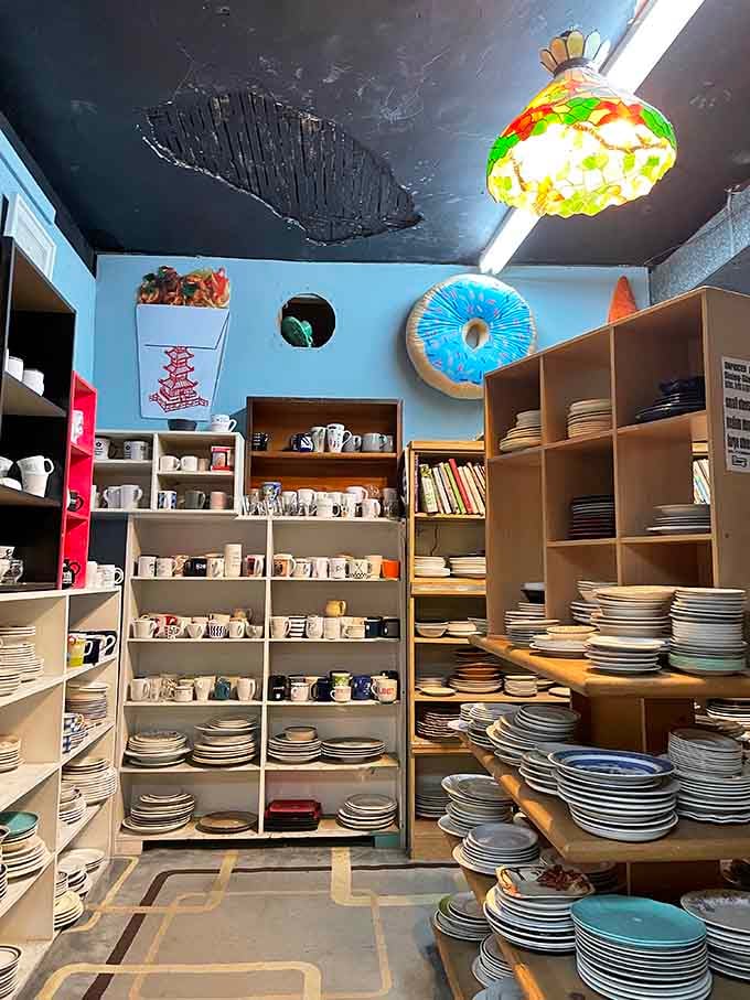 Stacks of dishes rise like ceramic skyscrapers, each one ready to host your next dinner party or morning coffee.