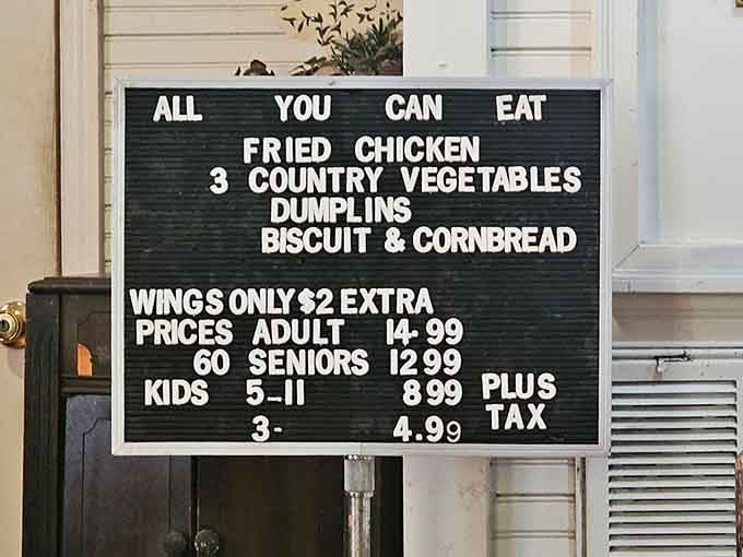 All-you-can-eat fried chicken with three vegetables, dumplings, and bread? This menu understands what life's really about.