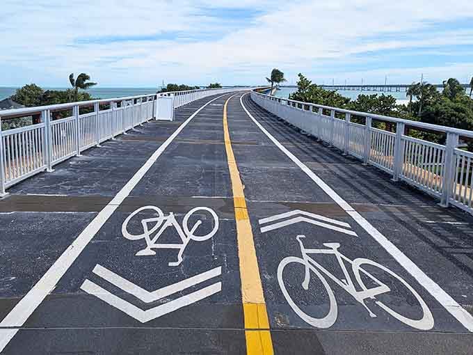 The Old Seven Mile Bridge stretches ahead like a ribbon across the water, beckoning cyclists and dreamers alike.