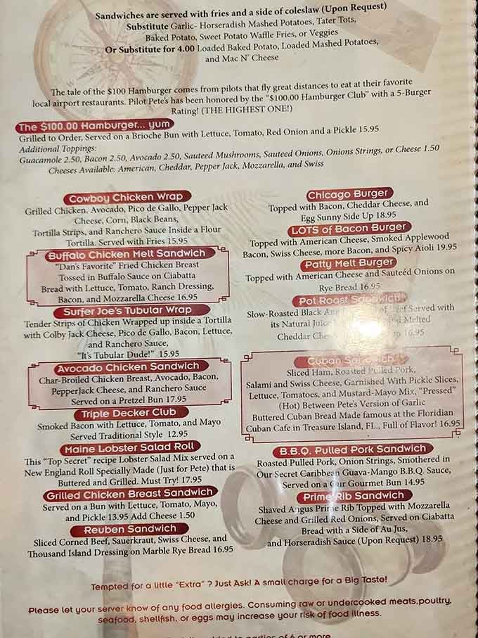 The $100 Hamburger legend lives on this menu, proving pilots have always known the best destinations involve really good food.
