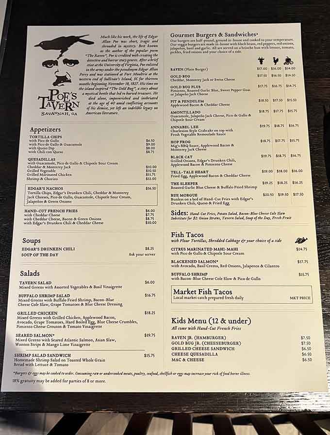 When burger names include "The Raven" and "The Tell-Tale Heart," you know someone's having fun with the menu.