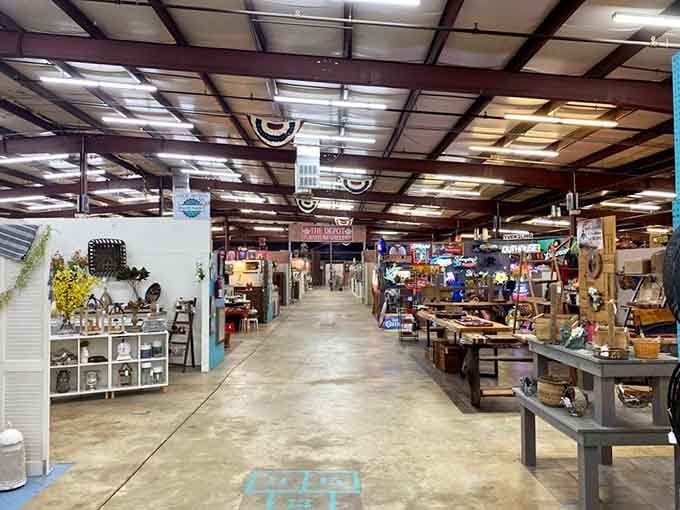 Wide aisles stretch endlessly ahead, each turn revealing another vendor's carefully curated collection of yesterday's treasures.