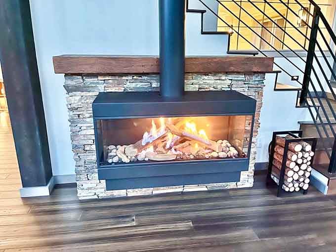 This isn't your grandmother's fireplace, unless your grandmother had impeccable taste in contemporary stone and glass design.