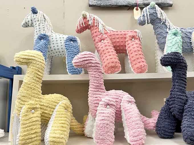 Chenille horses in pastel perfection, proving that vintage nursery decor beats anything from a big box store.
