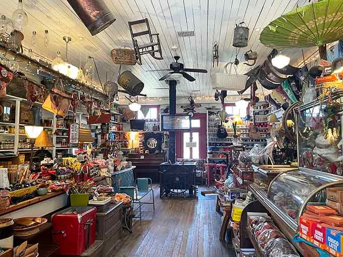 Every inch of ceiling space tells a story, with antiques dangling overhead like a museum that forgot to stop collecting.