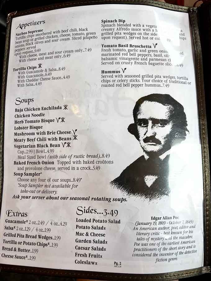 Edgar Allan Poe watches over the soup selection, which feels oddly appropriate for a menu this poetic.