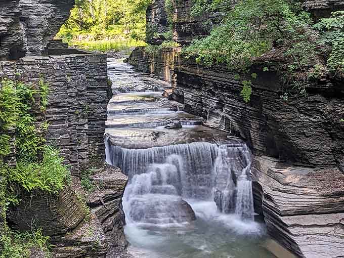 Multiple tiers of rushing water create nature's own symphony, no orchestra required for this performance.