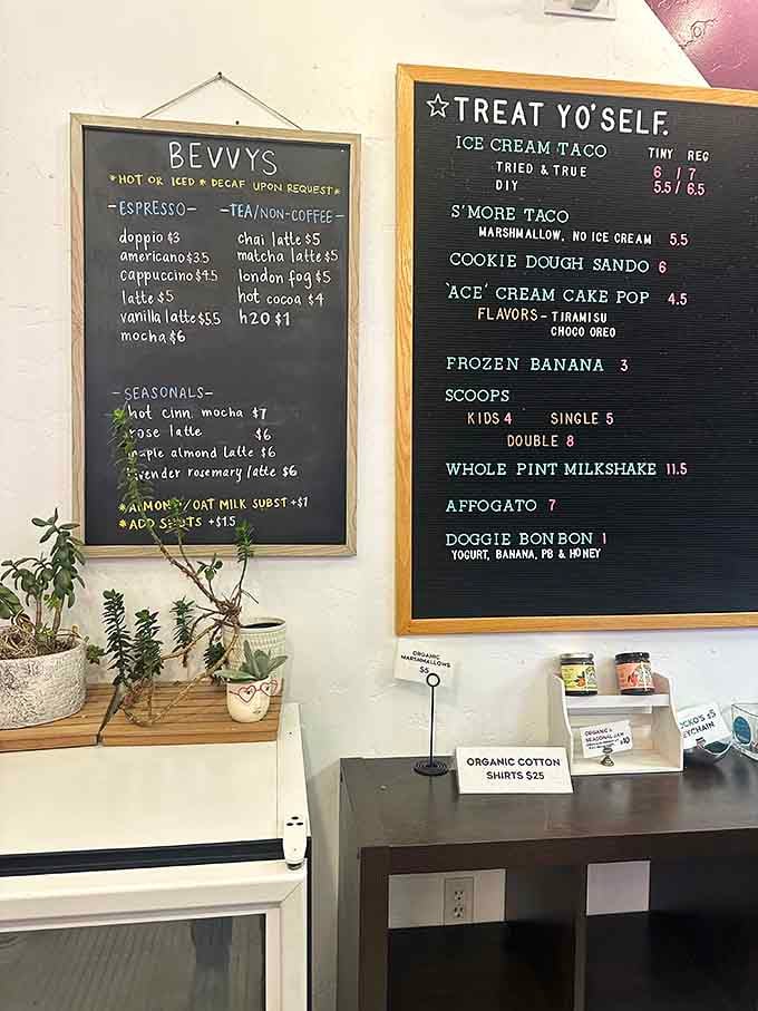 That chalkboard menu reads like a greatest hits album of frozen treats, each option more tempting than the last.