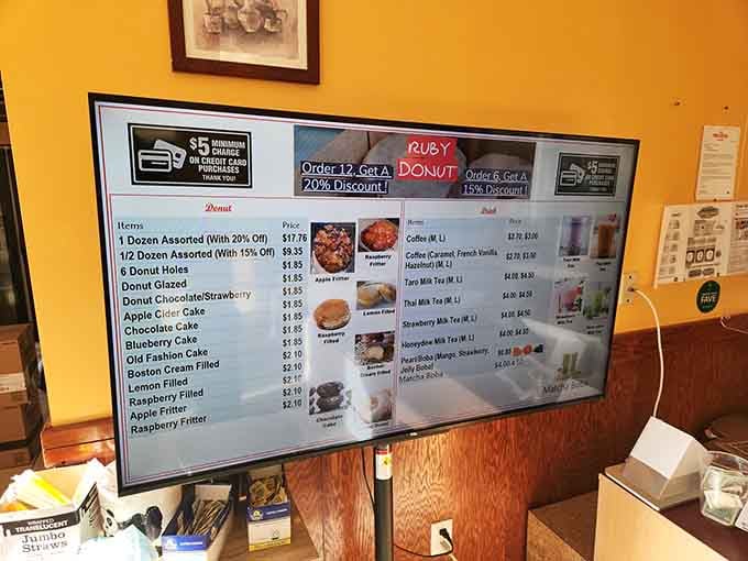 The menu board promises bulk discounts, because they know you're not leaving with just one measly donut.