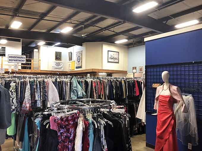 That red formal gown on the mannequin proves you don't need department store prices for red carpet style.