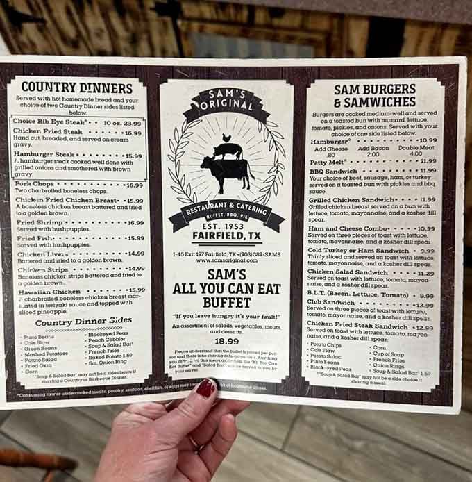 This menu is your roadmap to happiness, featuring everything from country dinners to legendary burgers.
