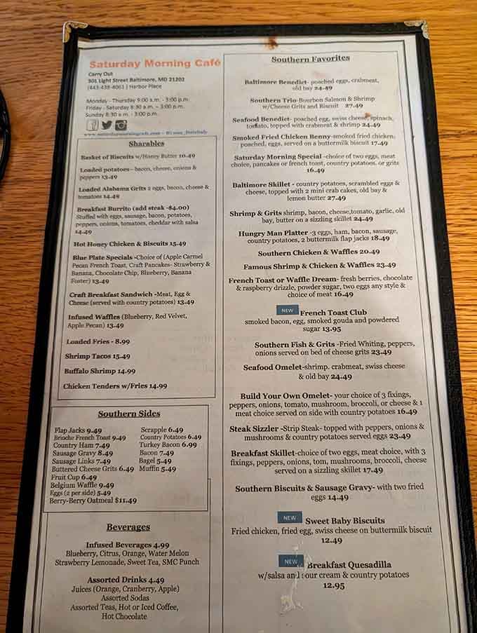 This menu reads like a love letter to Southern breakfast, and every single item deserves your undivided attention and appetite.