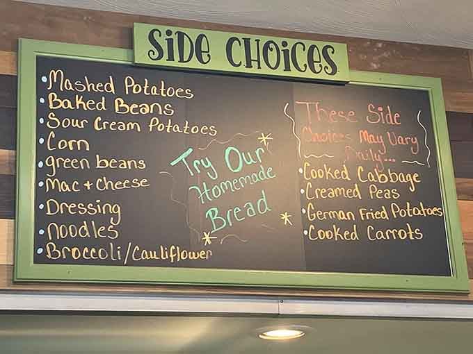 That handwritten menu board reveals the kind of side dish selection that makes decision-making delightfully difficult.