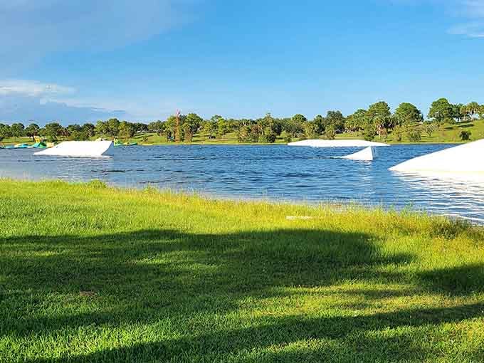 Lush Florida greenery frames the cable wakeboarding area where coordination goes to get tested and occasionally humbled.
