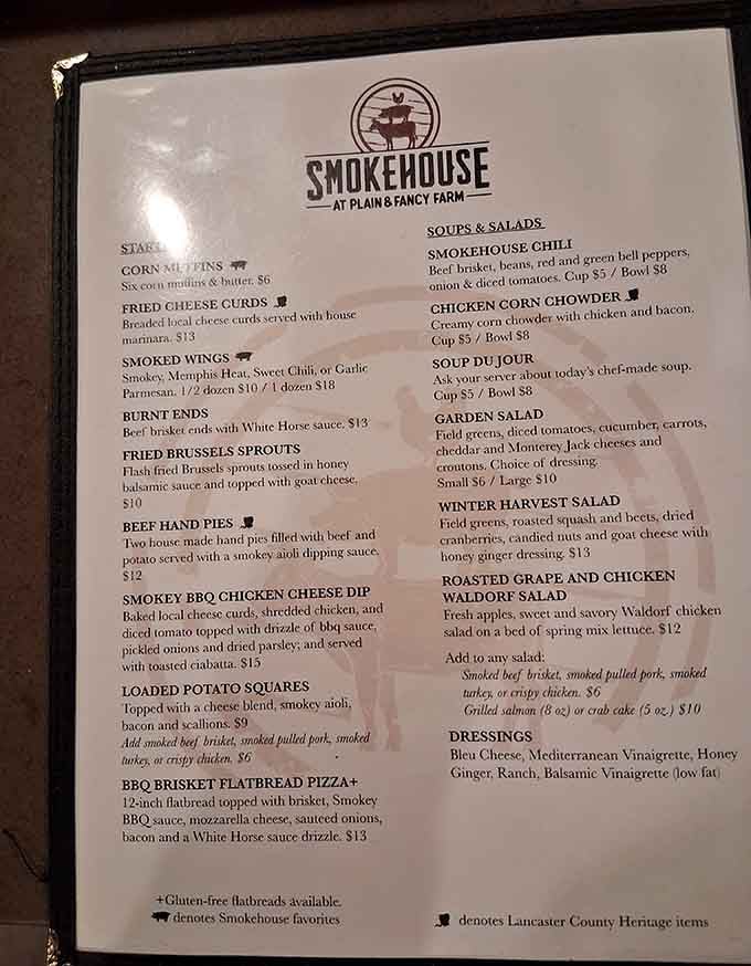 This menu reads like a love letter to smoke, featuring burnt ends that'll haunt your dreams.