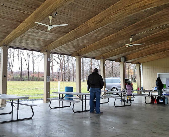 The covered pavilion offers shelter and picnic tables, perfect for pre-show dining without the indoor theater's overpriced captivity.