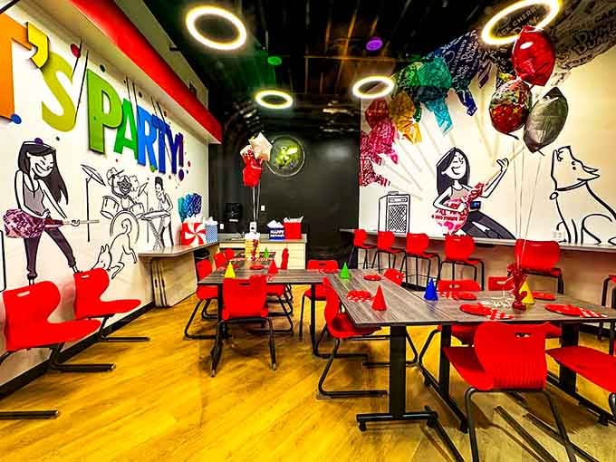 This party room proves that adults deserve celebration spaces just as colorful as their childhood birthday party fantasies.