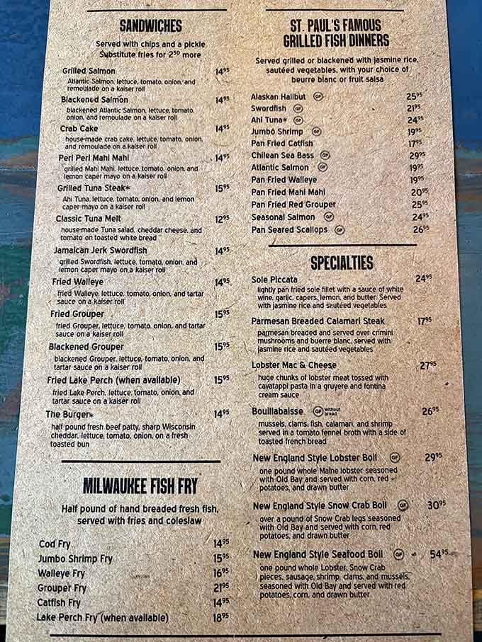 This menu reads like a love letter to the ocean, offering everything from simple sandwiches to elaborate feasts.