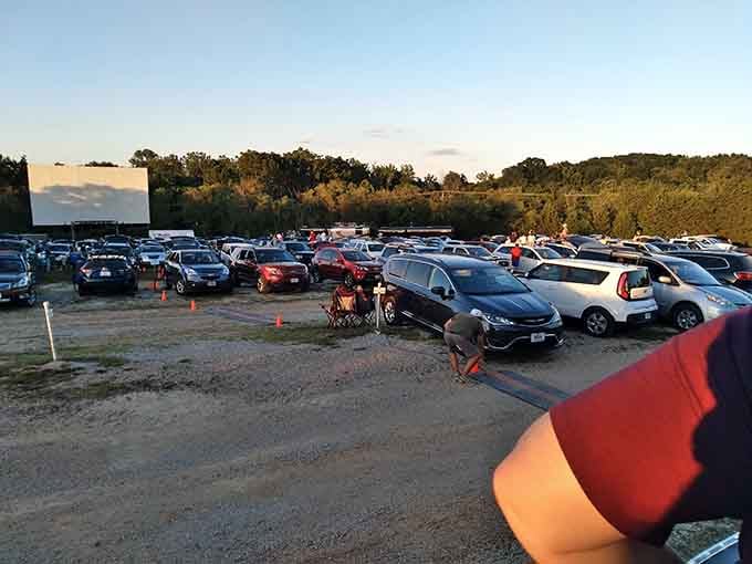 Cars gather like old friends at a reunion, each claiming their perfect spot for the evening's entertainment.