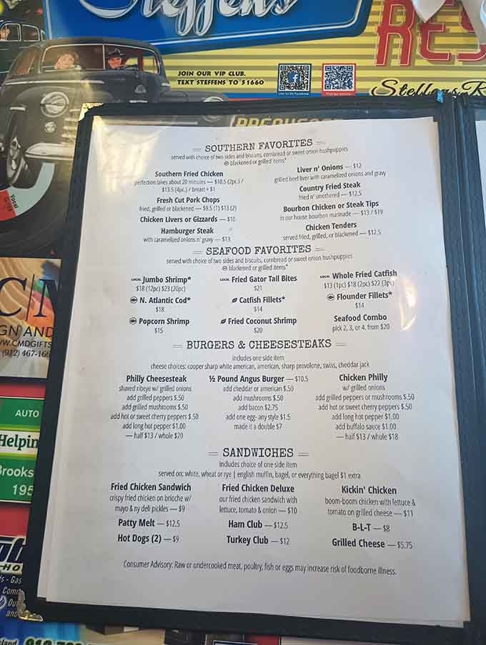 From Southern fried chicken to fried gator tail bites, this menu reads like a greatest hits of comfort food.