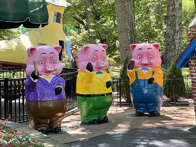 The Three Little Pigs finally got their act together, dressed to the nines and ready to greet visitors without fear of wolves.
