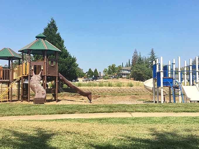 Even the playground equipment gets a view of history, because why should adults have all the fun?