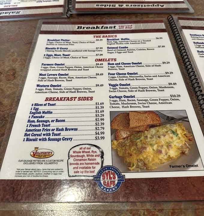 The breakfast menu reads like a greatest hits album, featuring omelets that could feed a lumberjack.