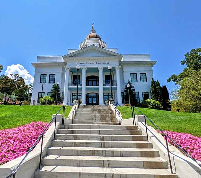 The Jackson County Courthouse sits pretty like the belle of the ball overlooking her mountain kingdom.