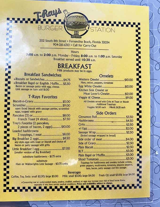 The yellow menu with checkered borders tells you everything costs less than therapy and works better for your mood.