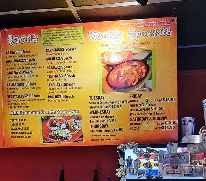 The menu board reveals treasures like lengua, tripitas, and carnitas that'll make you forget those boring chain restaurants.