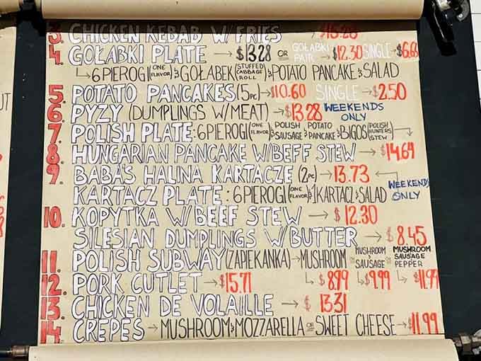 Hand-written menus have a charm that touchscreens will never match, especially when pierogies are involved.