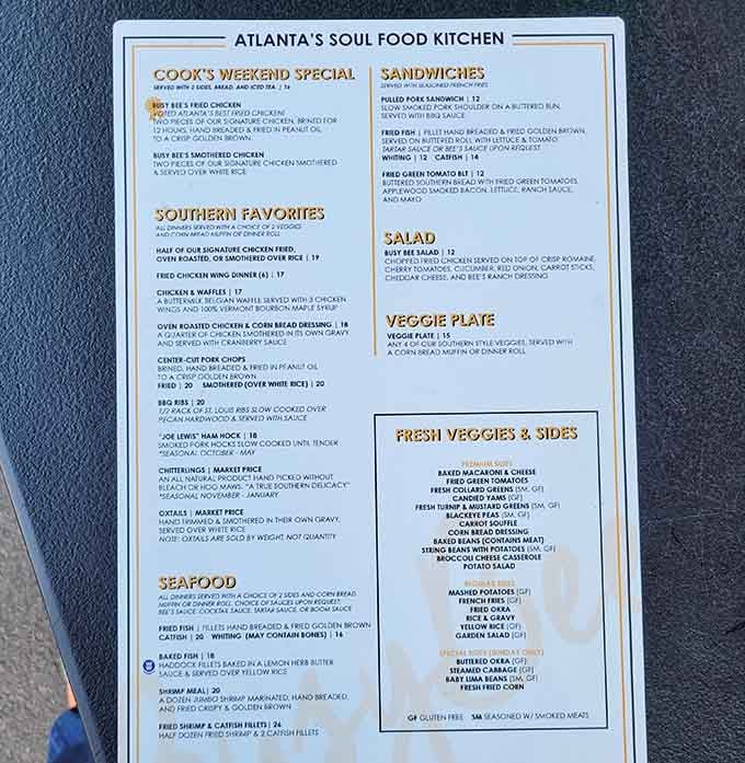 This menu reads like a love letter to Southern cooking, offering choices that'll challenge your self-control beautifully.