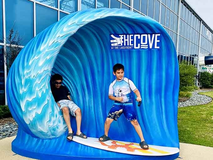 Nothing says "photo opportunity" quite like a giant inflatable wave that won't actually get you wet.