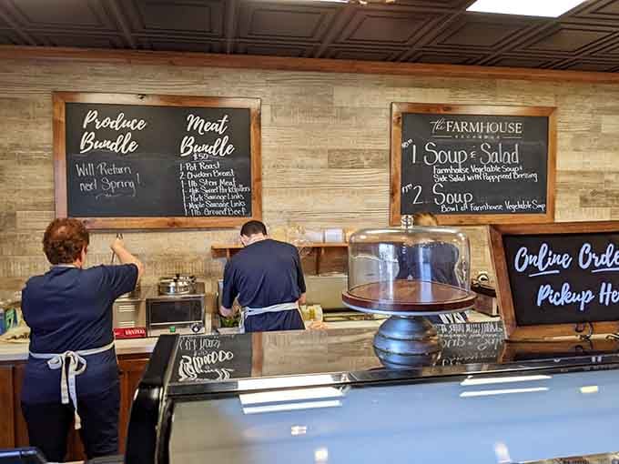 Chalkboard menus listing fresh bundles remind you that good food starts with knowing exactly where it comes from.