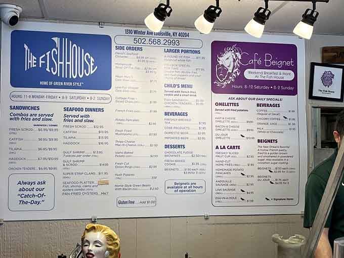 The menu board tells the whole delicious story&mdash;catfish, whiting, tilapia, and those beignets that'll transport you straight to New Orleans.