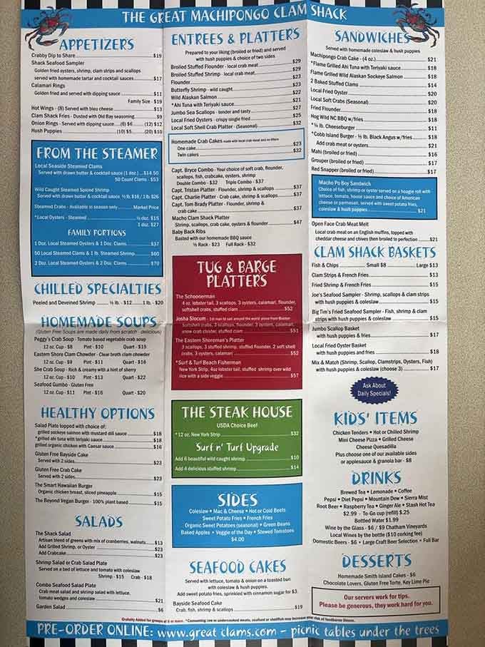 This menu reads like a love letter to the Chesapeake Bay, written in the universal language of fried goodness.