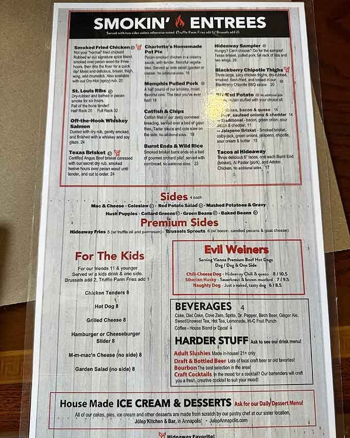 This menu reads like a love letter to authentic barbecue, and every item delivers.