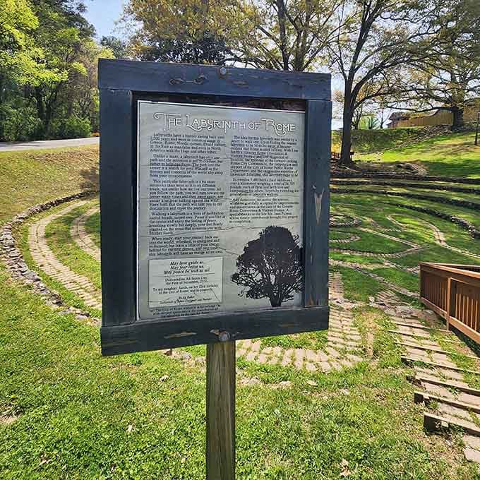This informational marker tells the labyrinth's story, because even ancient walking paths deserve a proper introduction and backstory.