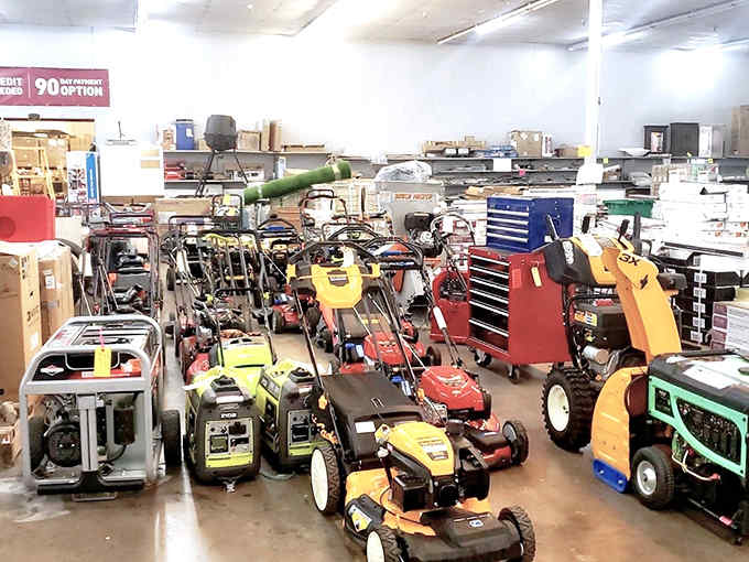 Lawn equipment lined up like a hardware store's greatest hits album, minus the greatest hits pricing structure.