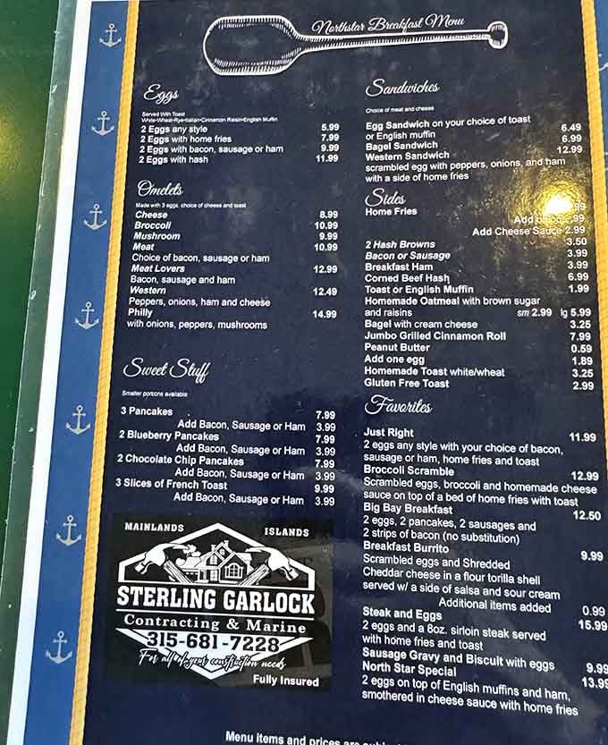 Those anchor decorations aren't just for show, they're keeping this menu grounded in delicious reality.