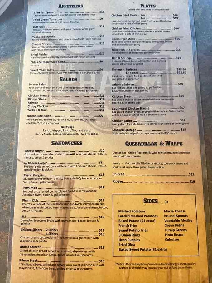 This menu reads like a love letter to comfort food, with options ranging from crawfish queso to ribeye steak.