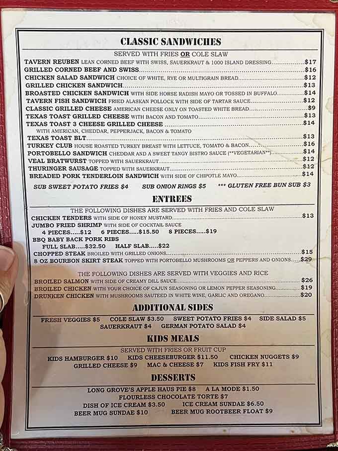 Classic sandwiches and hearty entrees fill this menu, from Tavern Reubens to Drunken Chicken that lives up to its name.