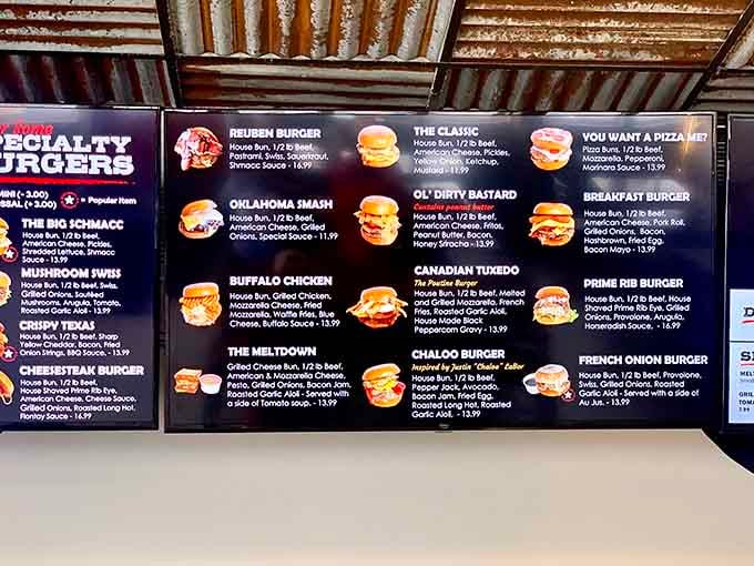 This menu board reads like a burger lover's dream journal, with creative names that make choosing just one impossible.