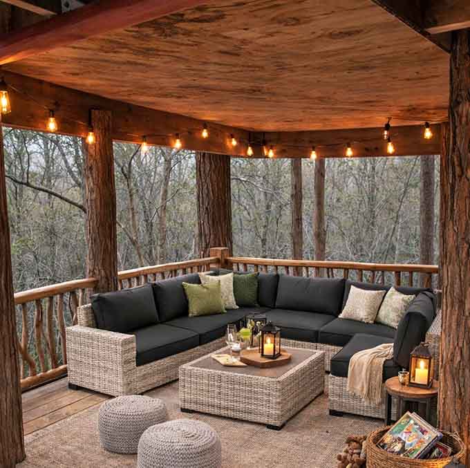 String lights and sectional seating transform this elevated deck into the forest's most exclusive lounge, no cover charge required.