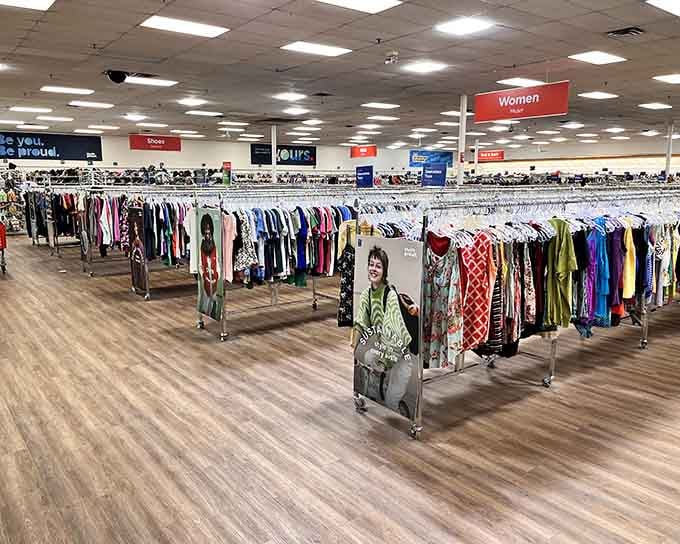 Color-coded racks transform chaotic browsing into organized hunting, though you'll still check every single hanger.