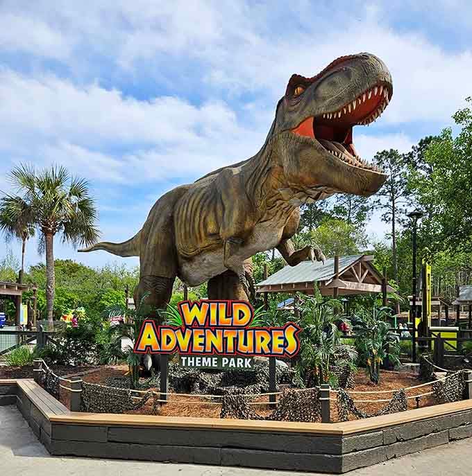 That T-Rex isn't roaring about high rent prices, just welcoming you to Wild Adventures Theme Park.