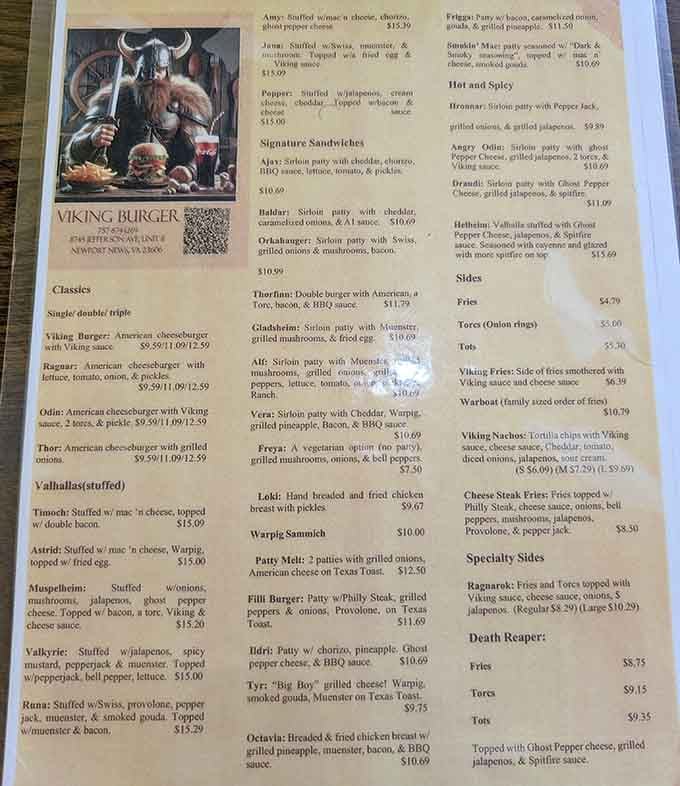 This menu reads like a Norse mythology textbook written by someone who really, really loves cheeseburgers.