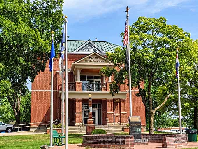 The Benton County Courthouse stands proud like the town elder who's seen everything and still shows up looking sharp.