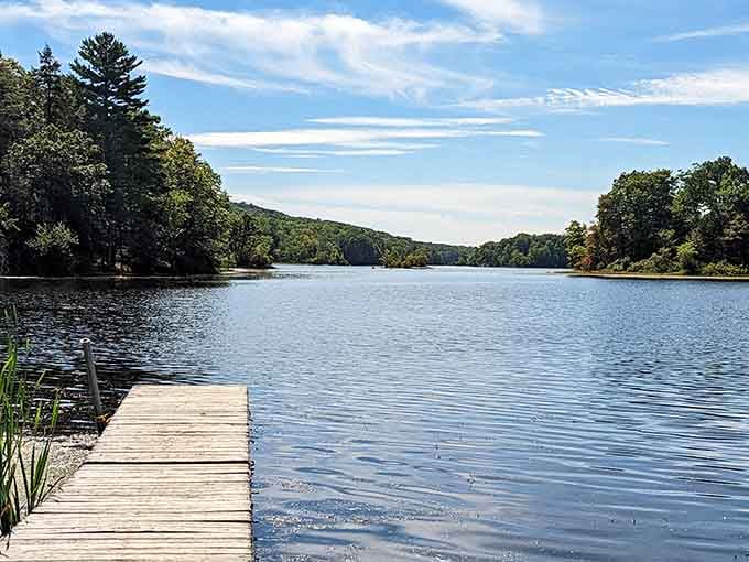 That wooden dock stretching into calm waters is basically an invitation to sit, dangle your feet, and forget deadlines exist.