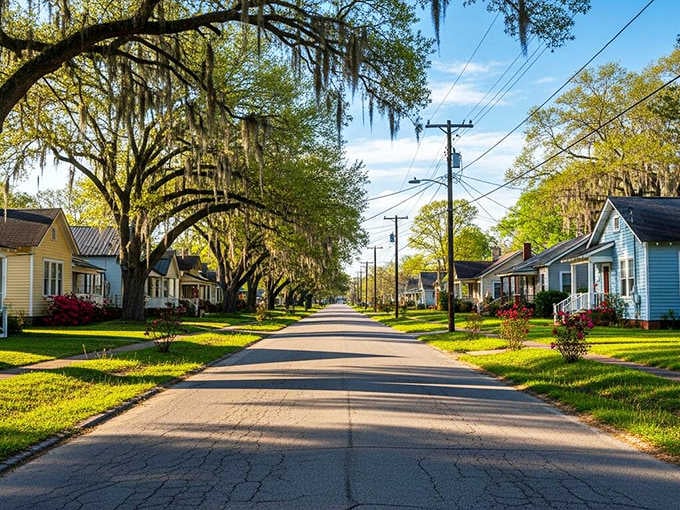 Tree-canopied streets frame colorful cottages where your retirement budget actually buys the American dream you remember.